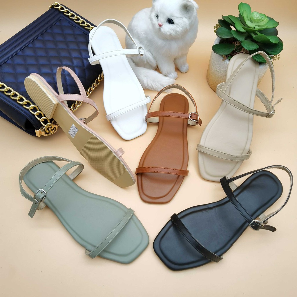 R&A242 Flat Square Toe Ankle Strap Plain Leather Sandals | Shopee ...
