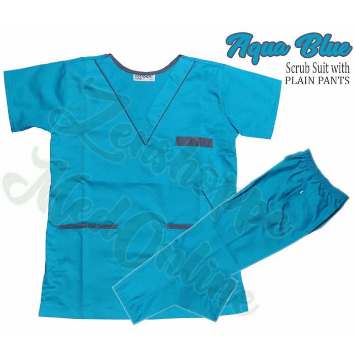 Scrub Suit Set with Piping & Plain Pants (Aqua Blue) [LCR] | Shopee ...