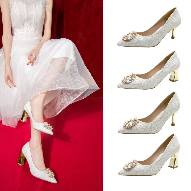 Women's High Heels Chinese Style Crystal Pointed Toe Chunky Block Heels ...