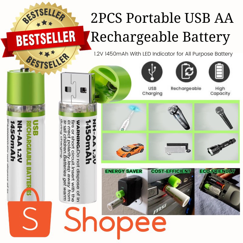 Portable USB AA Rechargeable Battery 1.2V 1450mAh With LED Indicator ...