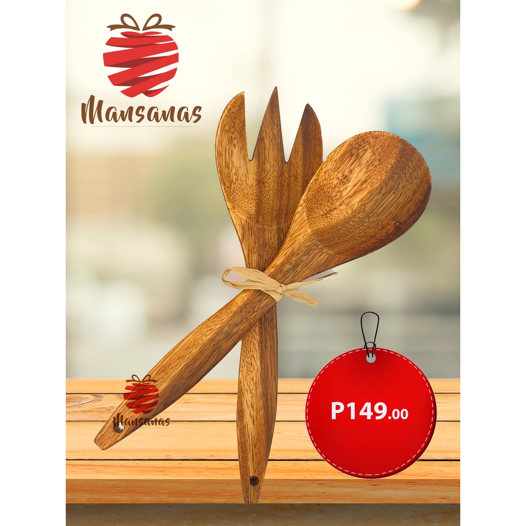 Mansanas Acacia-Wood Wooden Sandok/Ladle Pair of Serving Fork and Spoon ...
