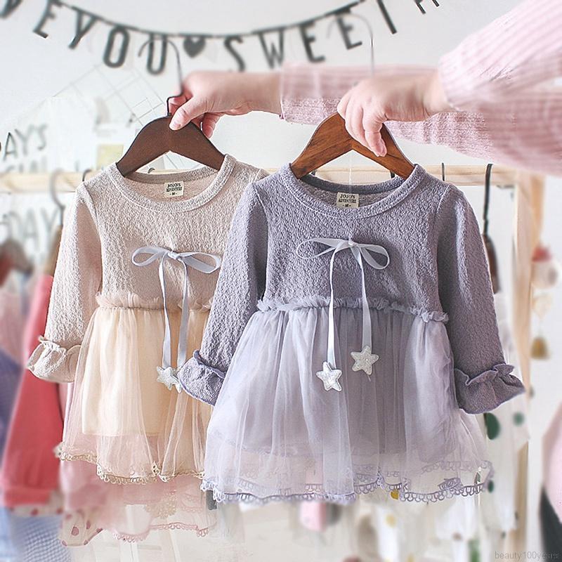 Spring Autumn Baby Girls Long Sleeve Dress Cotton Solid Color Bow Star ...