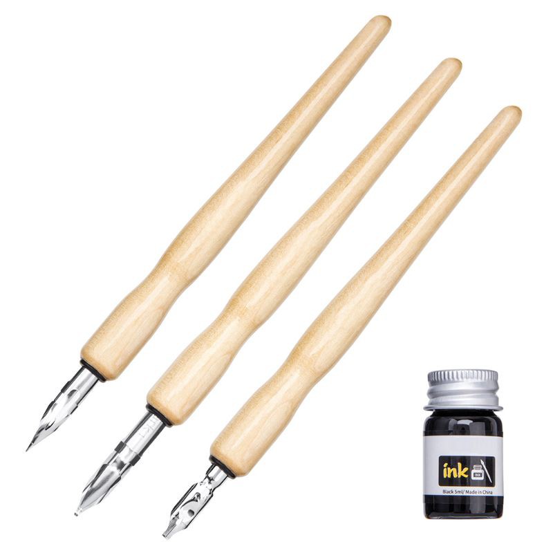 TOP Manga Dip Pen Set Comic Pro Drawing Kit 3 Nibs Wood Holder Ink ...
