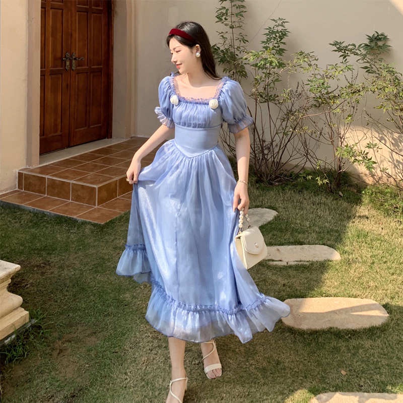 French Retro Blue Dress Special-Interest Design Back Bow Waist Tight ...