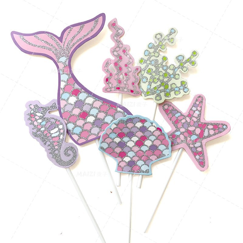6pcs/set Mermaid Party Decor Mermaid Shell Cake Toppers Happy Birthday ...