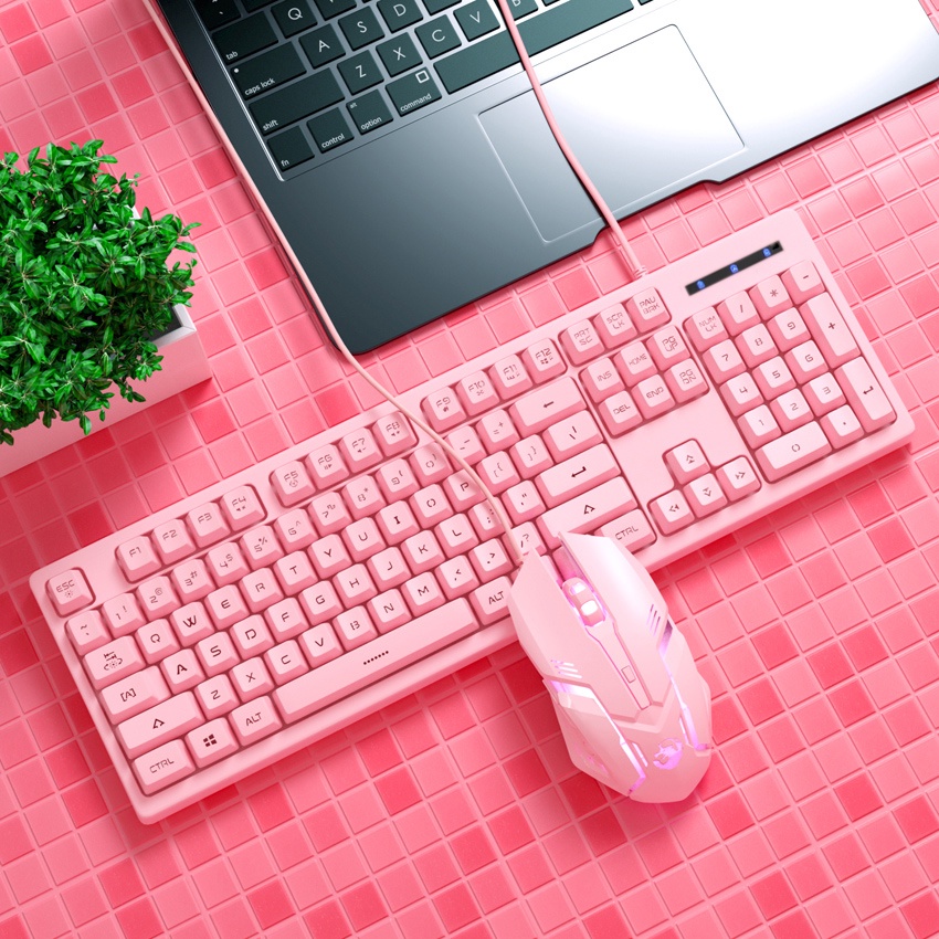 Pink Gaming Keyboard and Mouse Set Girl Cute With LED Light Mechanical ...