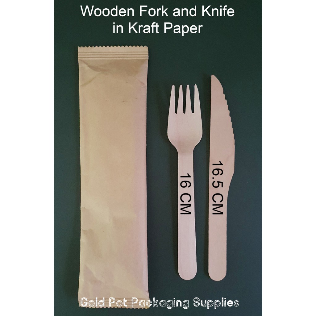 Disposable Wooden Fork and Knife Set wrapped in kraft paper | BeeCost