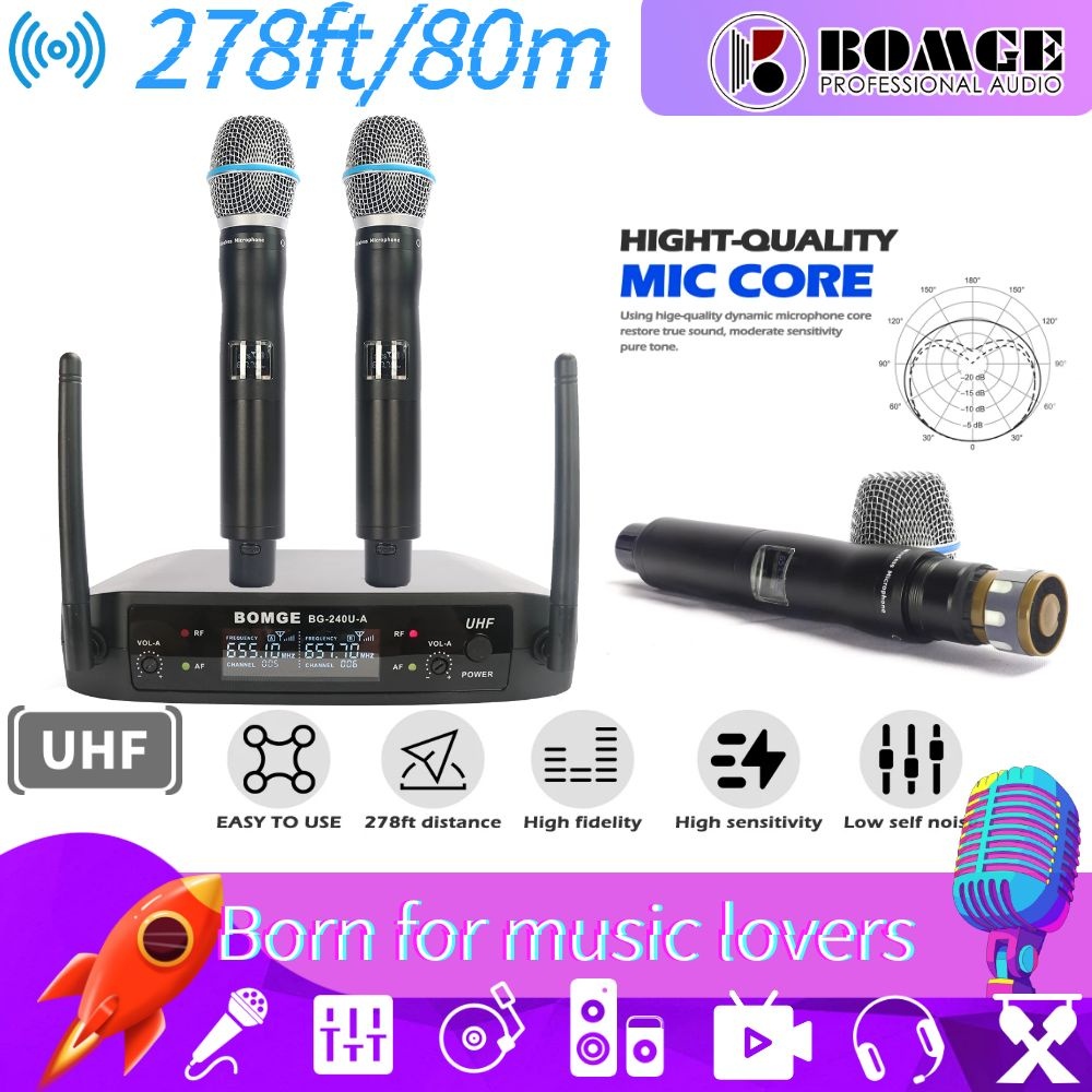 BOMGE UFH Wireless Microphone,Metal Dual Professional UHF Cordless Handheld Microphone System ...