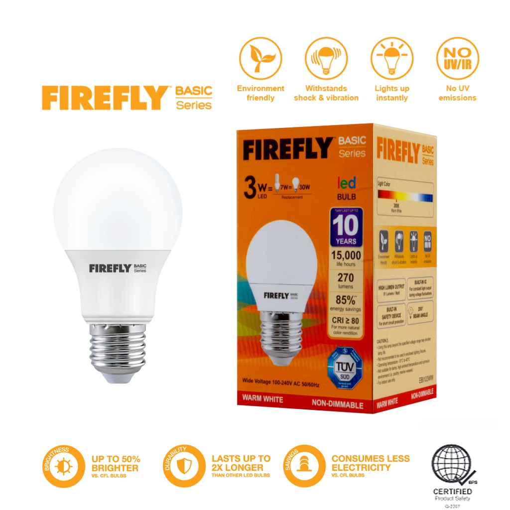 Warm White 3W Firefly Basic Series Light Emitting Diode LED Light Bulb ...