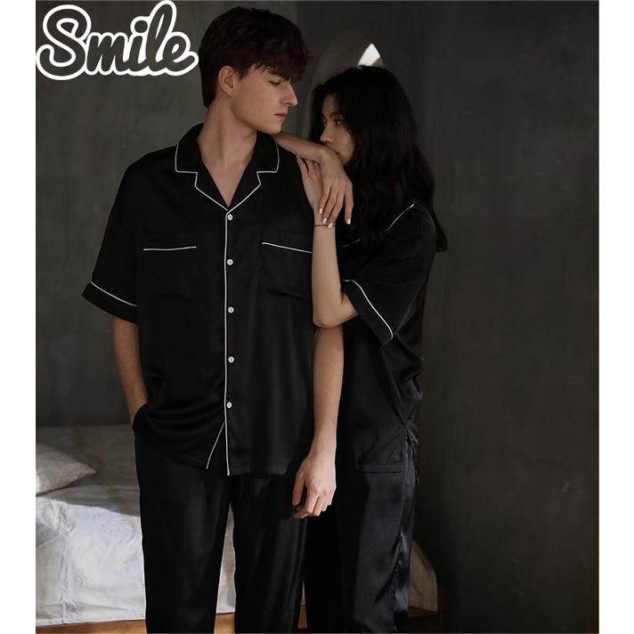 Korean Couple silk short sleeve plain comfortable terno pajamas ...