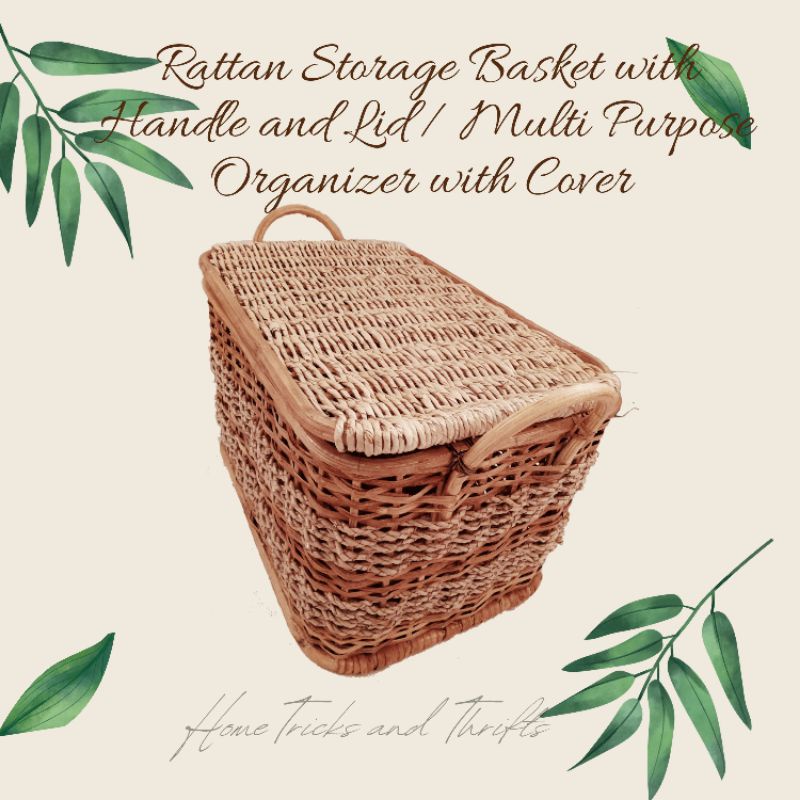 Rattan Buri Storage Basket Laundry Basket with Cover/ Boho Multi ...