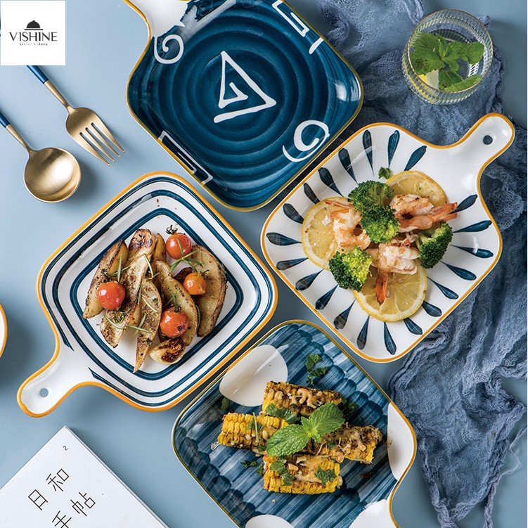 Nordic Japanese Ceramic Square Plate with Handle Microwave Ovenware ...