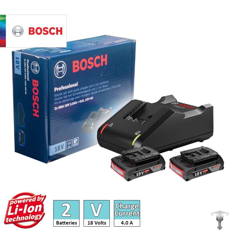 Bosch GAL 18V-40 Charger + GBA 18V 2.0Ah Batteries Professional 18 V ...