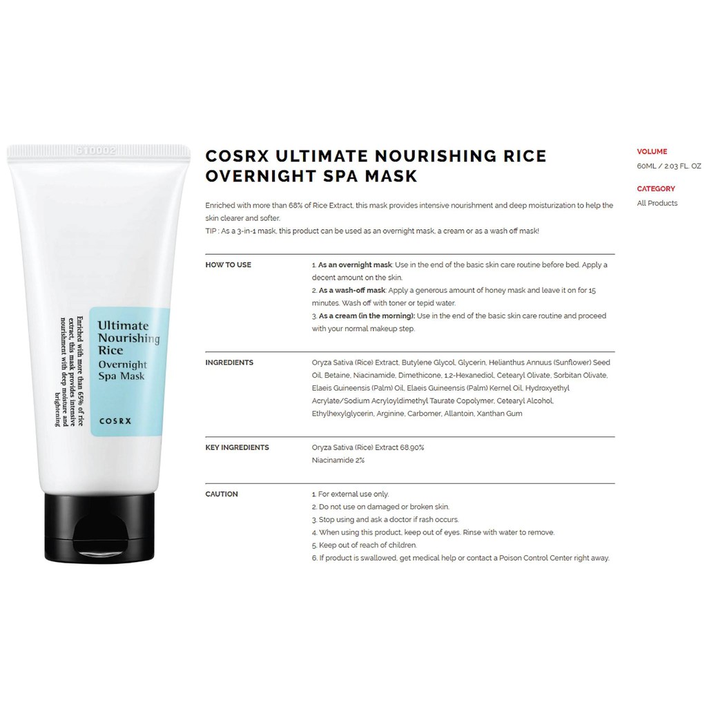 COSRX Ultimate Nourishing Rice Overnight Spa Mask | Shopee Philippines