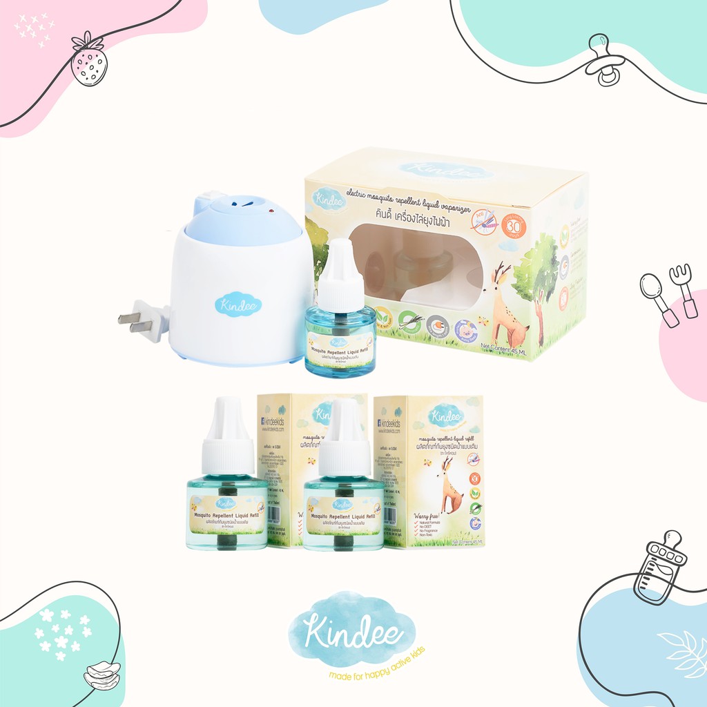 Kindee Electric Vaporizer Set +2 Extra Refills (3 bottles Organic Mosquito Repellent Liquid ...