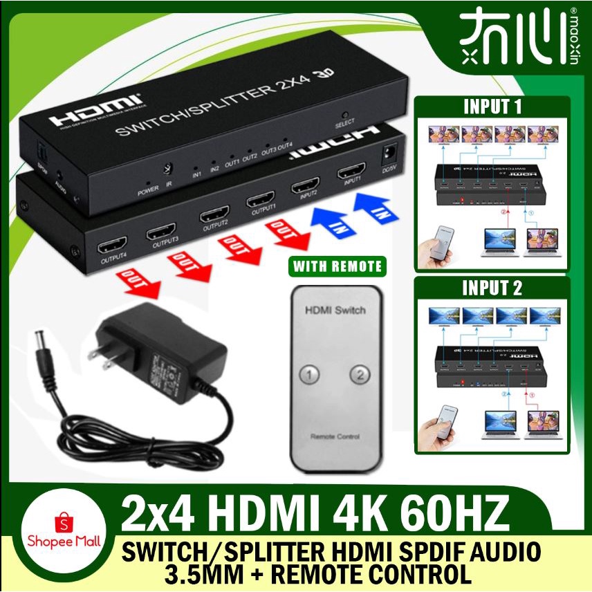 4K@60Hz 2x4 HDMI 2.0 Switch Splitter Switcher SPDIF Audio 3.5mm ...