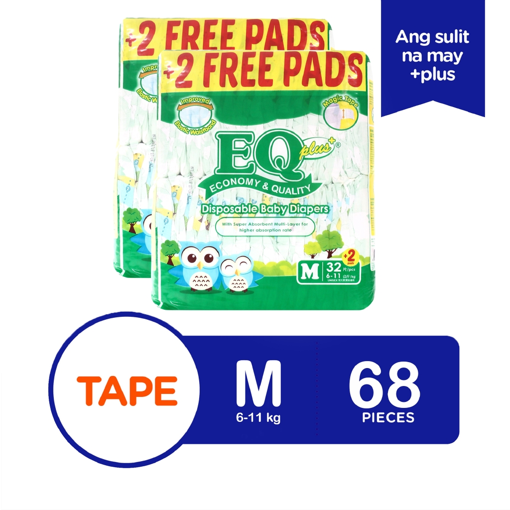 EQ Plus Big Pack Medium 34's x 2 packs (68 pcs) - Tape Baby Diapers ...