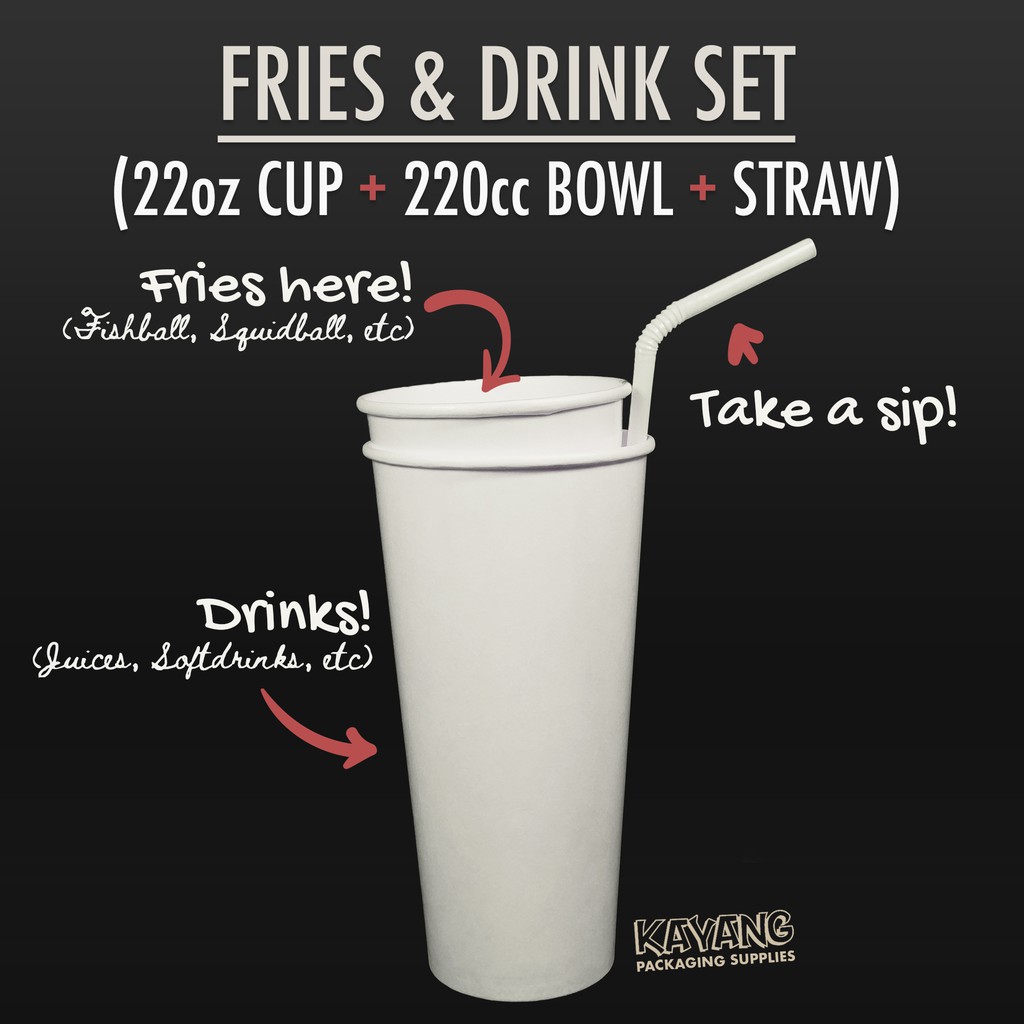 Fries & Drink Set High quality, Paper Bowl, Cup, & Bended Straw | BeeCost