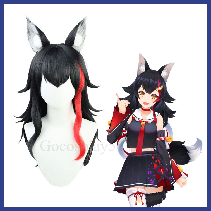 VTuber Ookami Mio Wig Gamer Holographic Ears Black Red Highlight Long ...