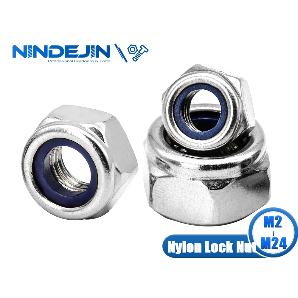 NINDEJIN Nylon Lock Nut 304 Stainless Steel Hex Hexagon Locknut M2 M2.5 M3 M4 M5 M6 M8 M10 M12 ...