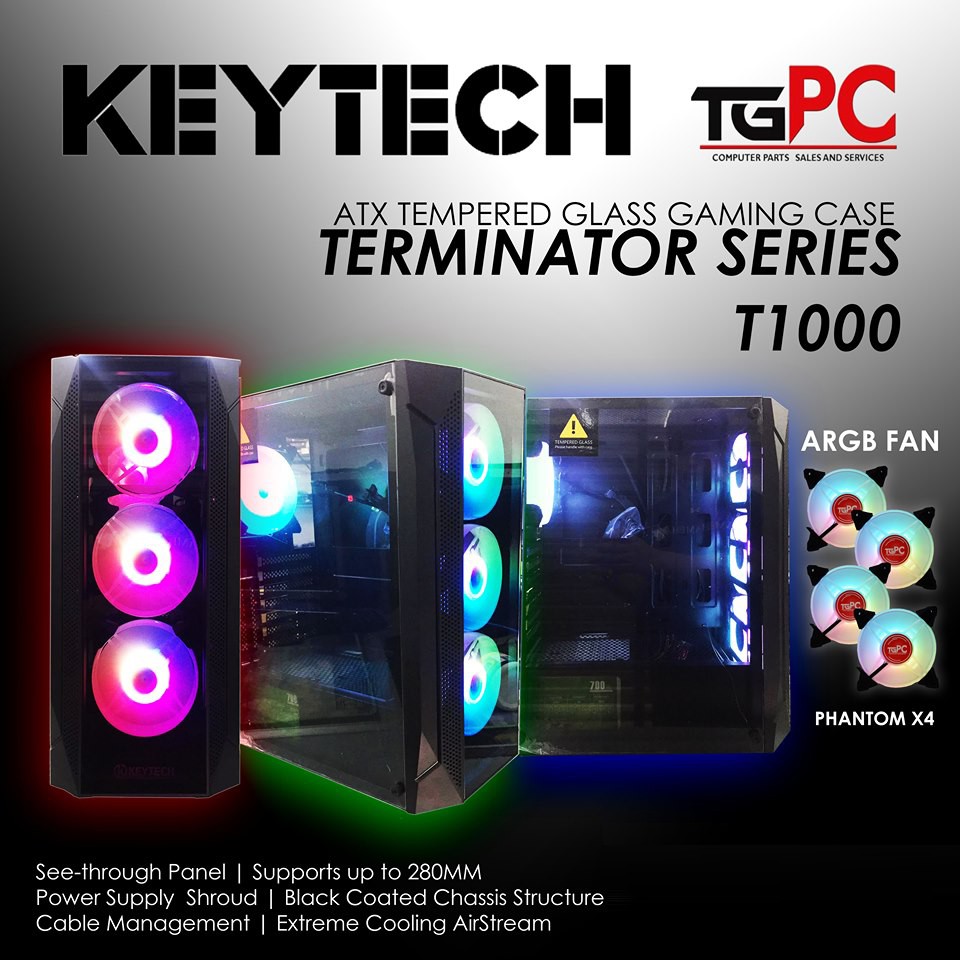 Keytech T1000 Tempered Glass Mid Atx Case With 4pcs Argb Phantom Fan ...