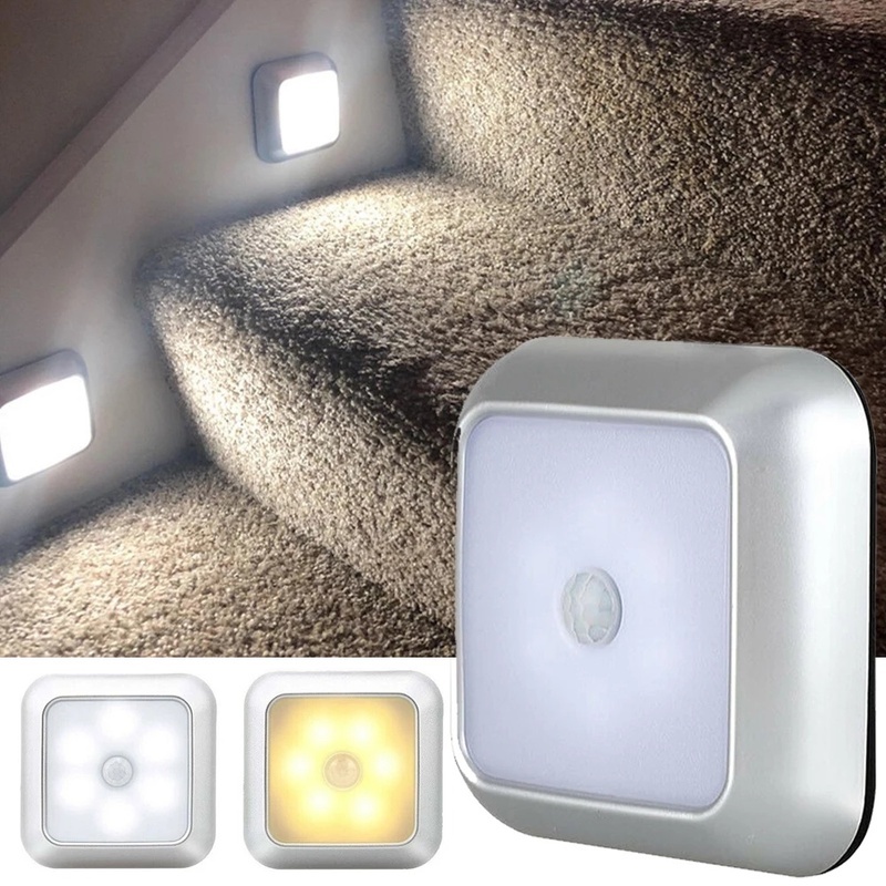 Battery Powered 6 LED Square Motion Sensor Night Lights PIR Induction ...