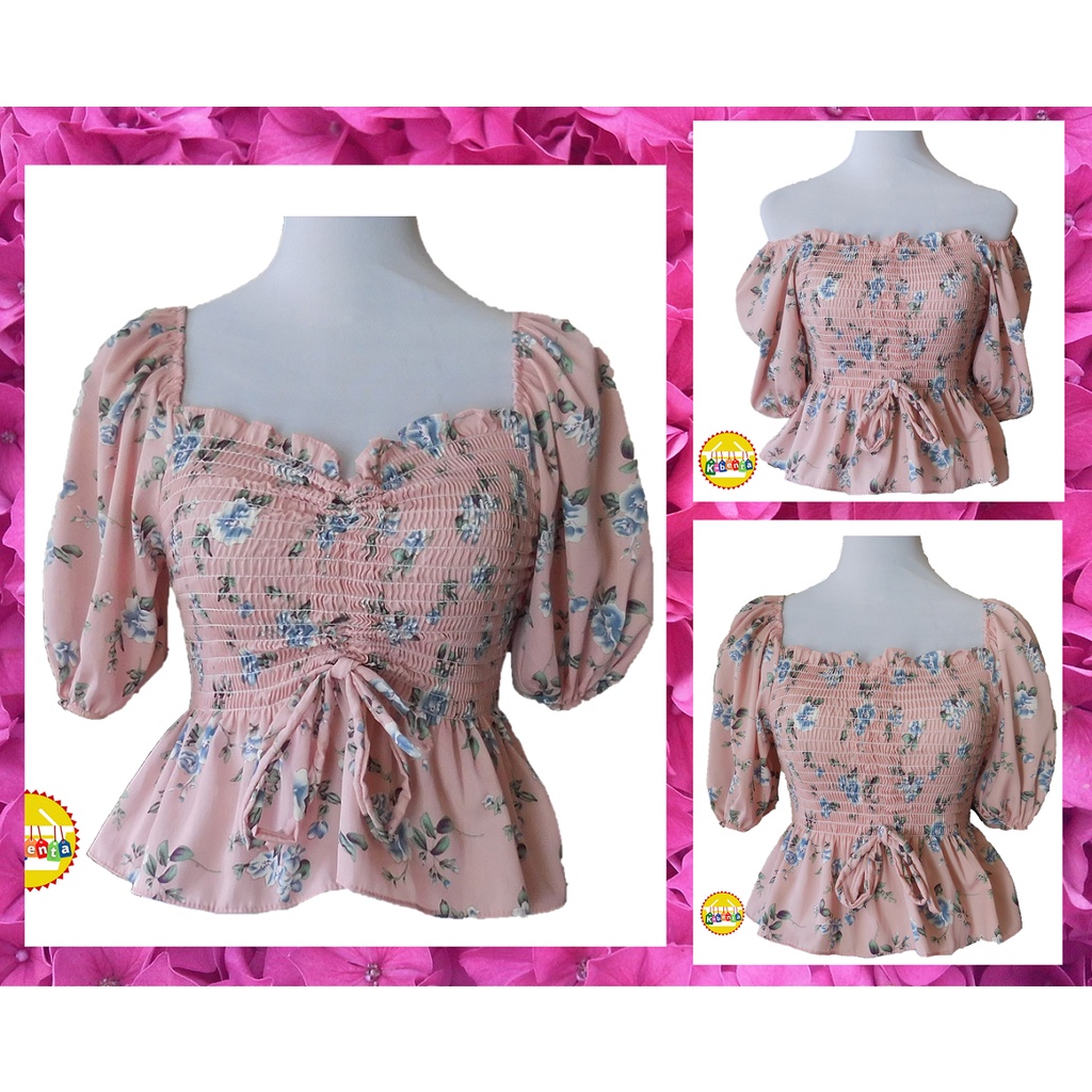 Puff Sleeves Off Shoulder Smocked Top with String Boho Style in Front ...