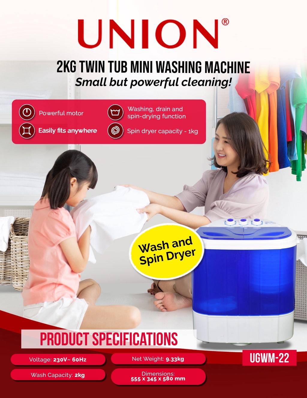 Union UGWM-22 2kg Twin Tub Mini Washing Machine | Shopee Philippines