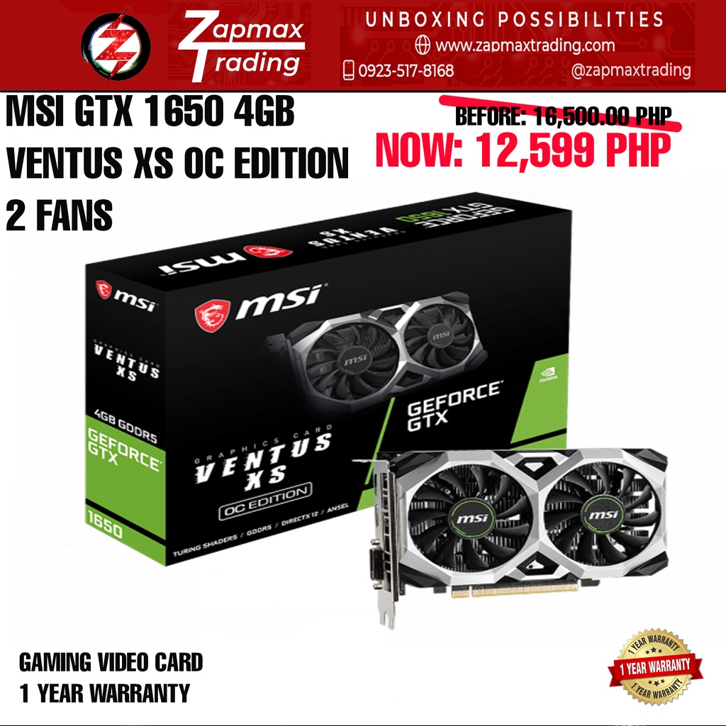 MSi GeForce GTX 1650 D6 VENTUS XS OC 4GB GDDR6 Graphics Card with MSi Afterburner, Dual Fan ...