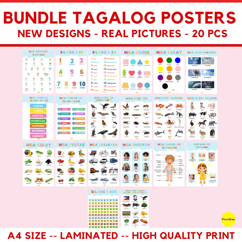 20 PCS. TAGALOG LAMINATED EDUCATIONAL CHARTS POSTER A4 SIZE THICK ...