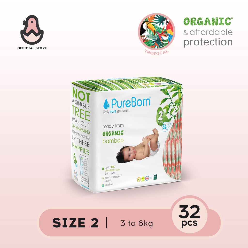 PureBorn Bamboo Diapers (Tape) - Size 2 Small (3 - 6kg)/ Tropical 32pcs ...