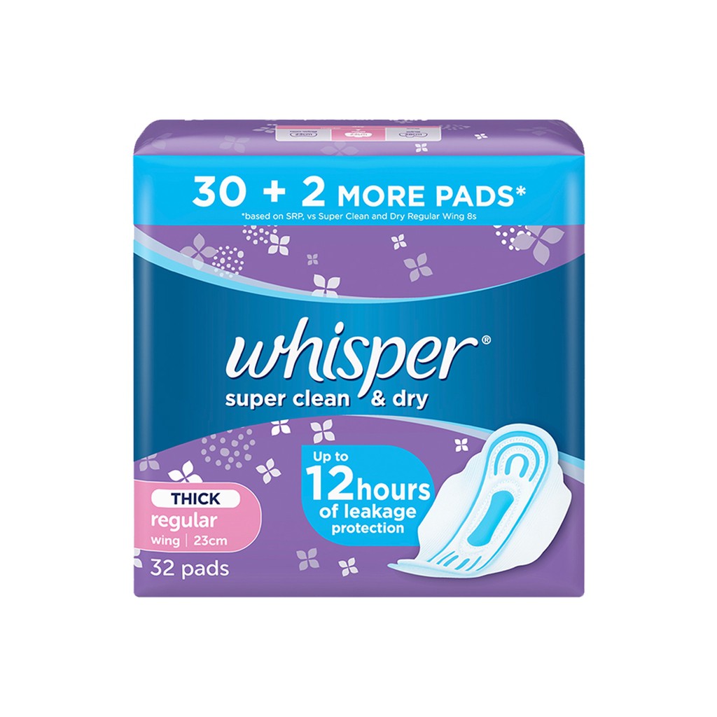 Whisper Super Clean and Dry Regular Flow Wings 32 Pads | Shopee Philippines