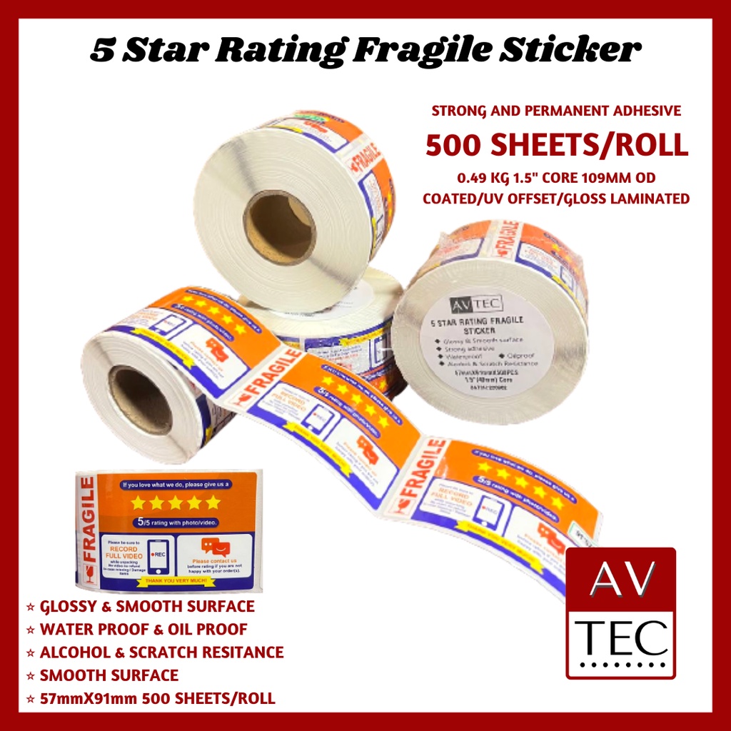 (COD) AVTEC PREMIUM 500 pcs 5 Star Rating Buyer Fragile Sticker 57mmX91mm ONHAND | Shopee ...