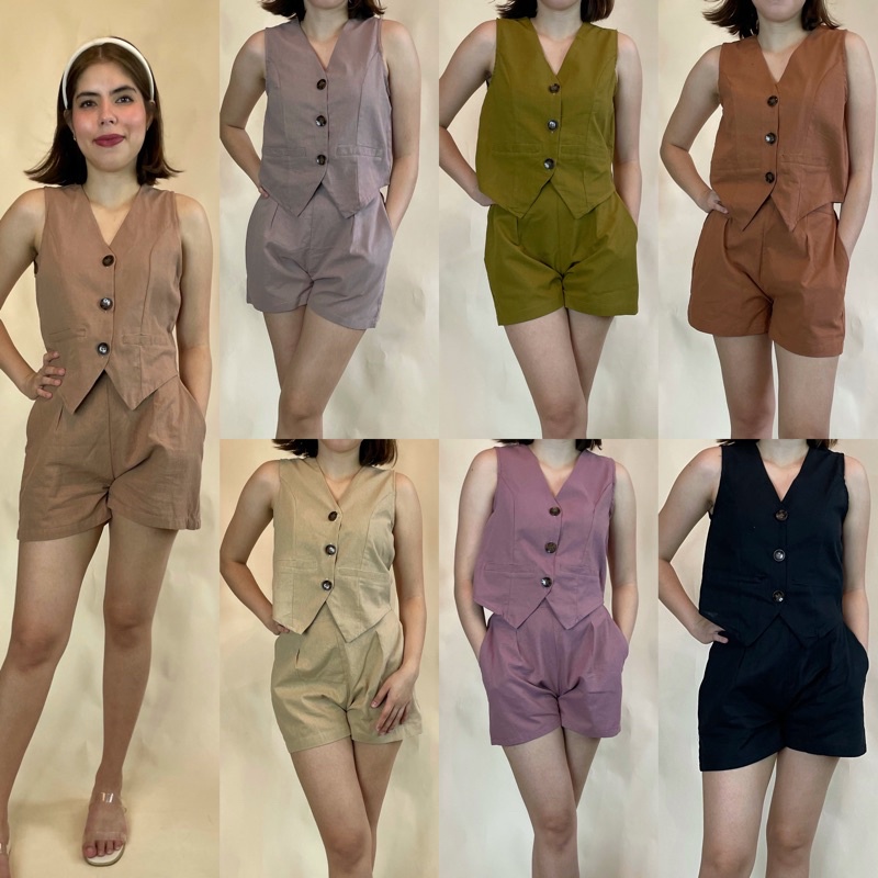 Linen Vest Top and Shorts Coords (SKY COORDS) | Shopee Philippines