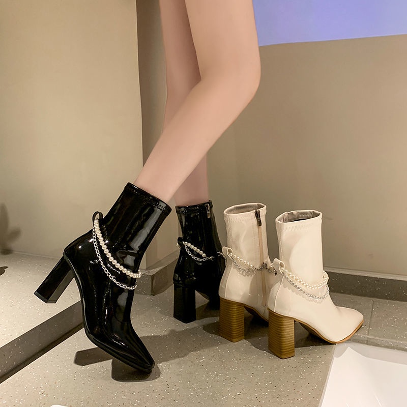 Chain Pearl High Heel Fashion Short Boots Women 2022 Chunky Heel Square ...