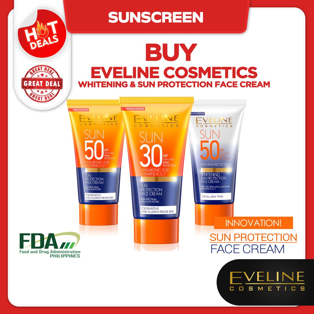 EVELINE COSMETICS Sunscreen Cream SPF 50 30 UVA+ UVB High Protection ...