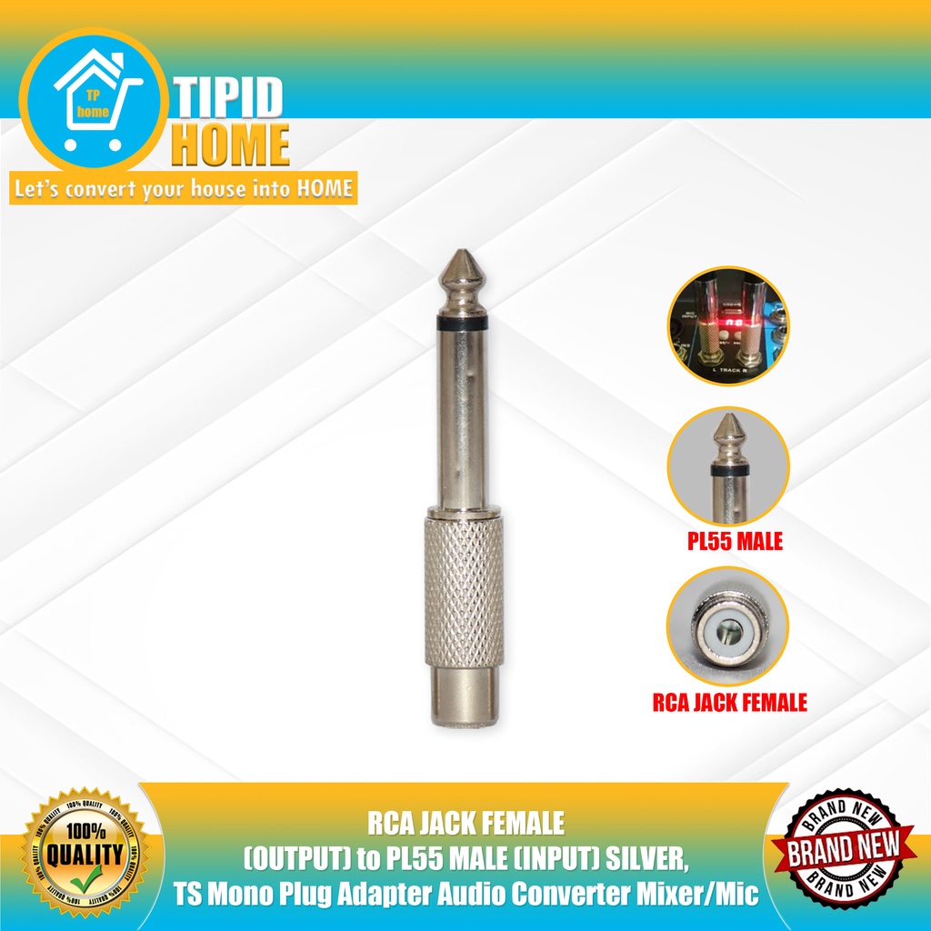 RCA JACK FEMALE (OUTPUT) to PL55 MALE (INPUT) SILVER, TS Mono Plug ...