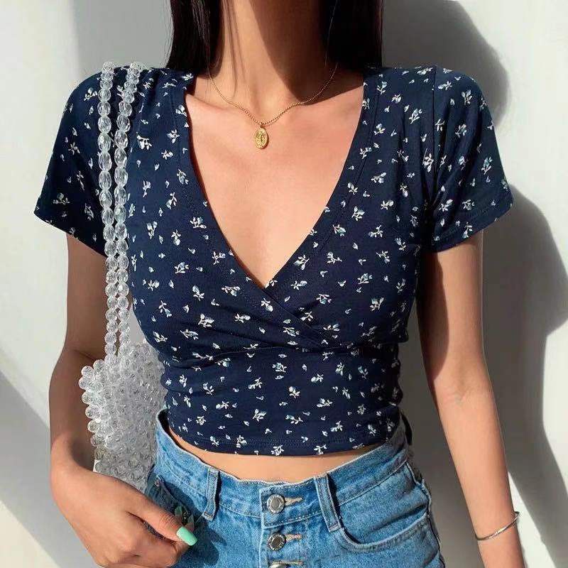 Floral Cross V-neck Crop Top Women's Sexy Tops Floral Short Sleeve T ...
