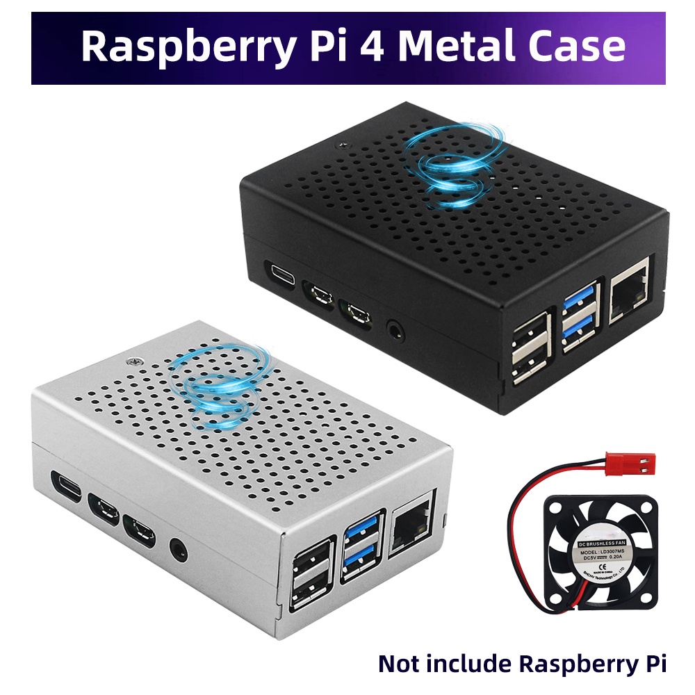 Raspberry Pi 4 Metal Case Black Silver Vents Shell with Cooling Fan ...