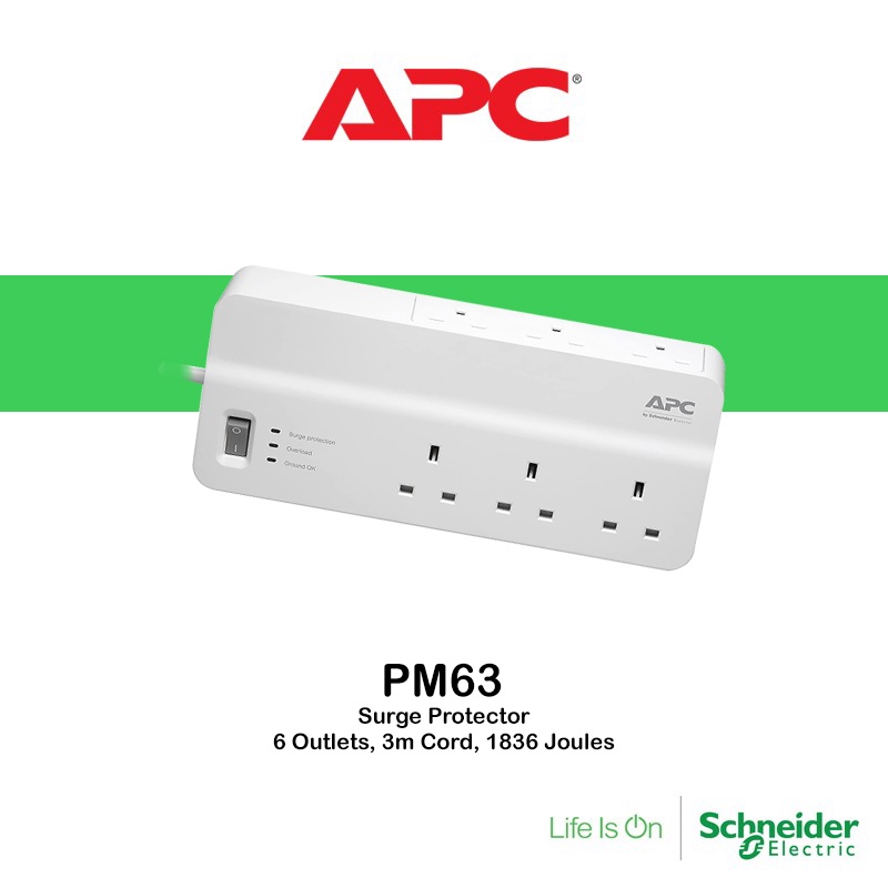 APC Surge Protector PM63, 6 Outlets, 3m Cord, 1836 Joules | Shopee ...