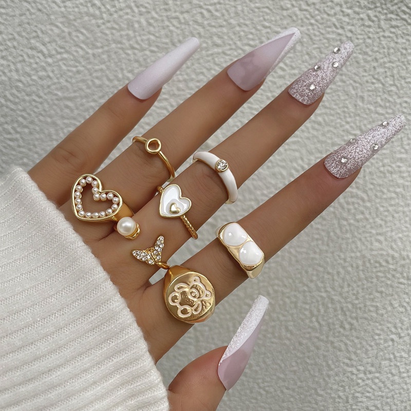 7 Pcs/Set Fashion Pearl Heart Bear Rings Set for Women Gold Jewelry ...