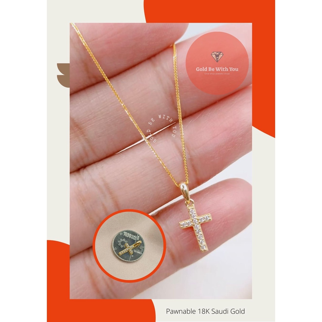 Pawnable 18k Saudi Gold Mini Stone Cross Pendant in Fine Fox Chain ...