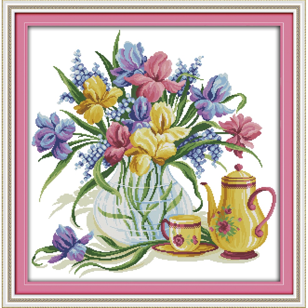 DIY Cross Stitch Set Kit with Patterns Home Decor-Flowers and Kettle ...