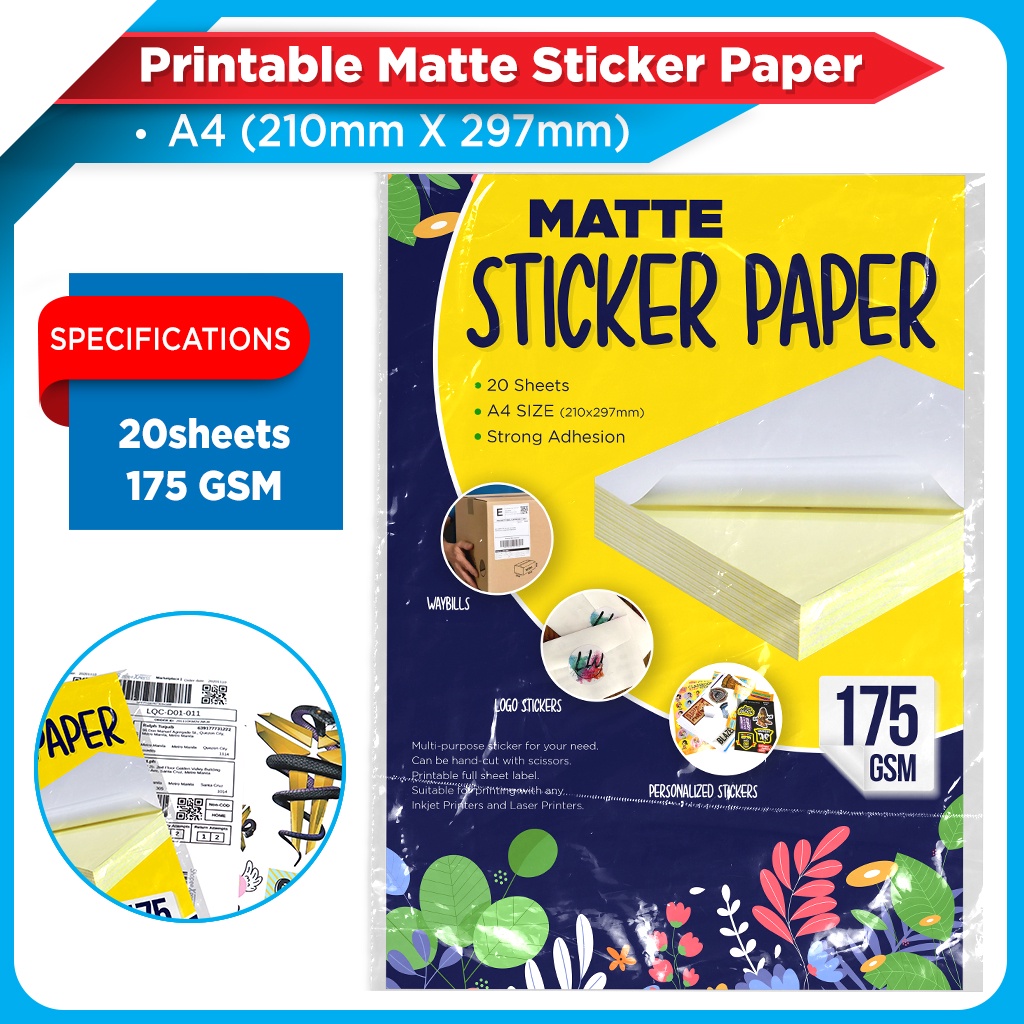 Printable Sticker Paper / Matte Sticker A4 size 175GSM (20sheets ...