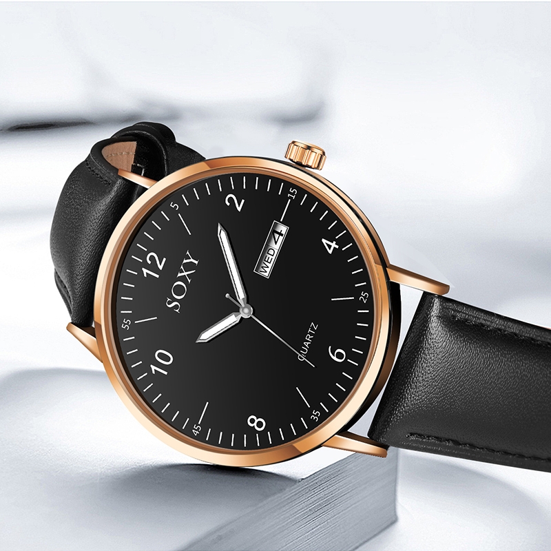 SOXY Simple Watch Fashion Men's Quartz Wacthes Leather Strap Analog ...