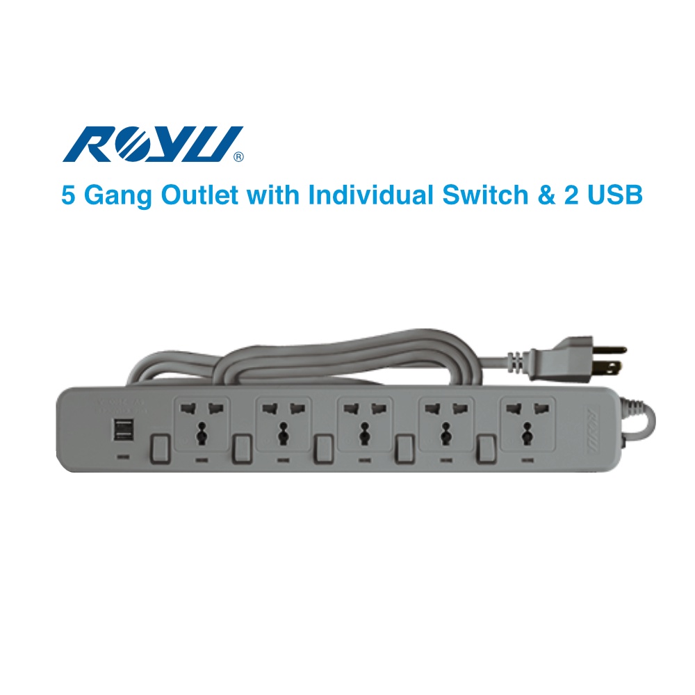 Royu 5 Gang Universal Outlet with Individual Switch and 2 USB Port Gray ...