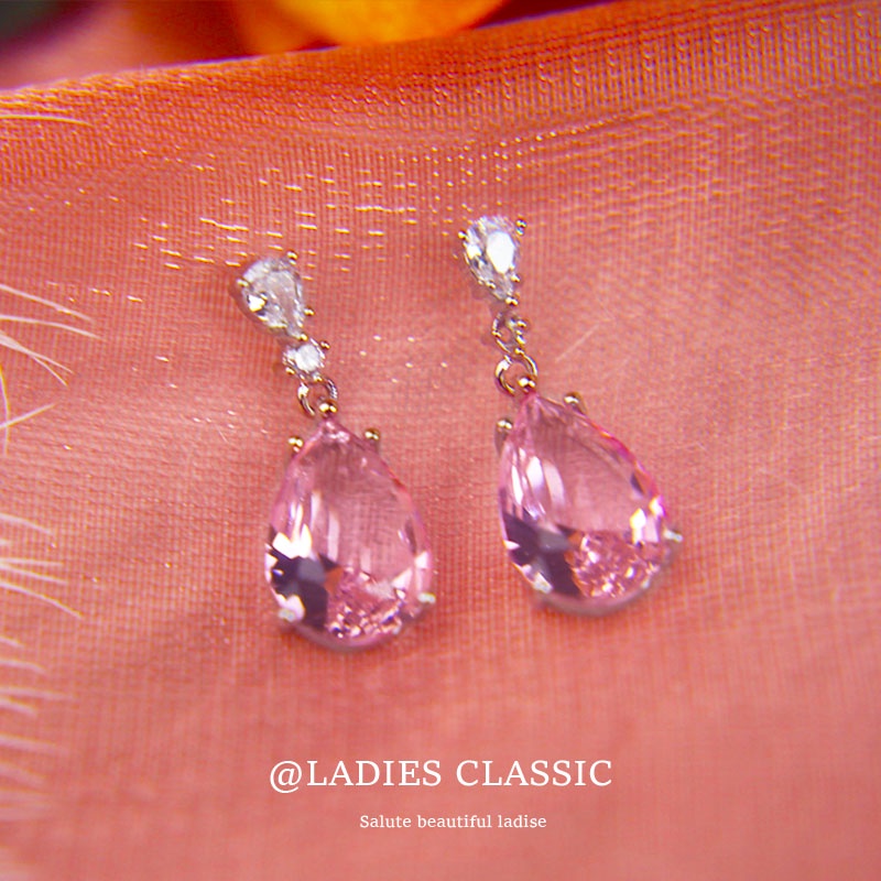 Crystal Earrings Pink Gems Water Drop Shape High-End Sense Super ...