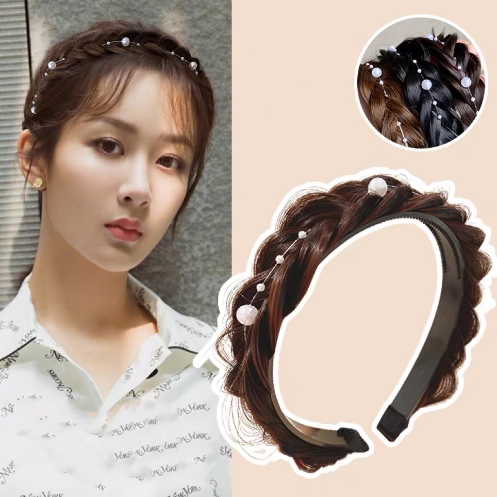 emie Fashion Pearl Twist Braid Hair Hoop Wig Fishbone Braid Hair Hoop ...