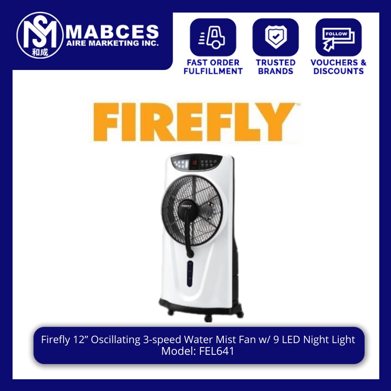 Firefly 12” Oscillating 3-speed Water Mist Fan w/ 9 LED Night Light ...