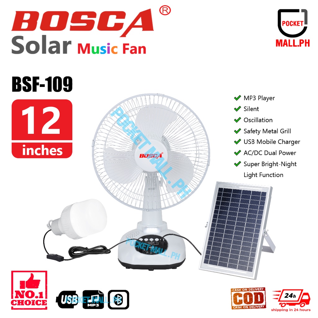 BOSCA Solar Music Fan 12inches Table Fan W/Bluetooth speaker & Bulb AC ...
